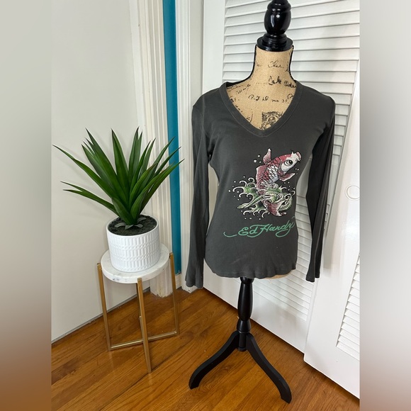 Ed Hardy | Tops | Vintage Htf Y2k Ed Hardy Gray Koi Fish Rhinestone ...